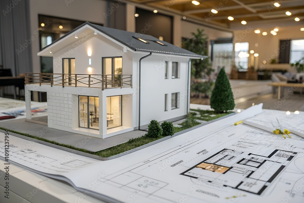 Architectural model, miniature house, white exterior, interior lighting ...