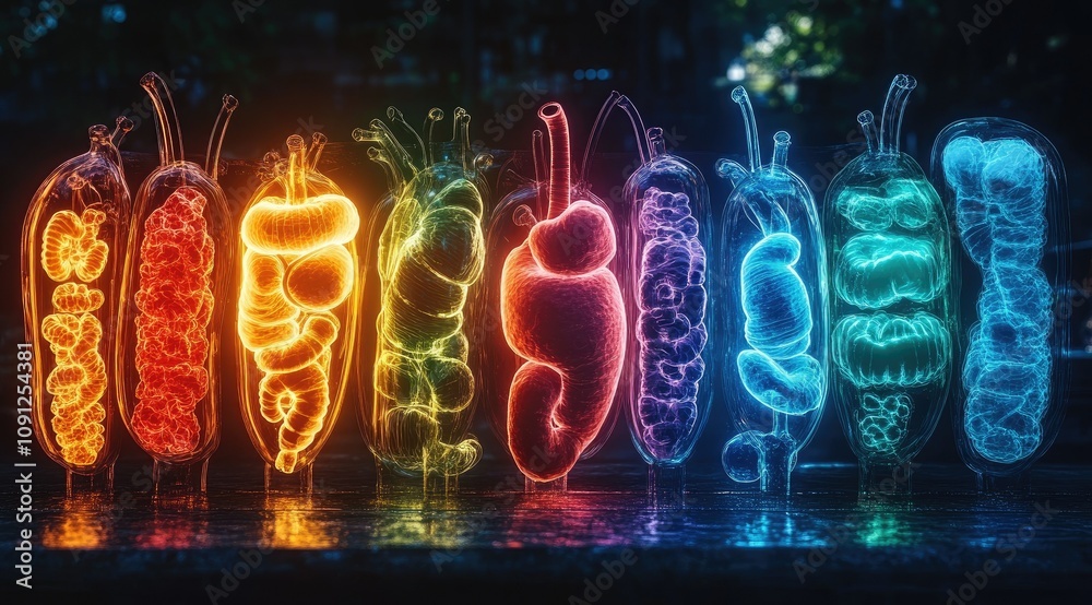 Vibrant rainbow-colored internal organs in glass capsules. Stock ...