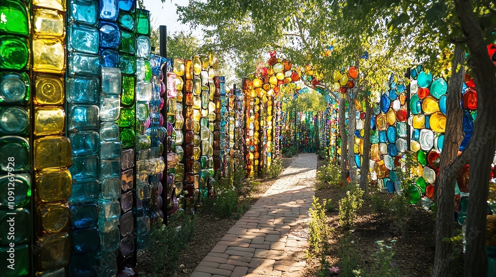Recycled glass bottles of various colors integrated into building ...