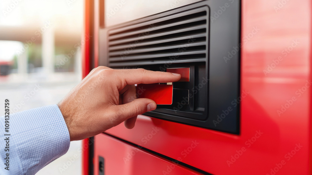 hand inserting card into red vending machine at bus station, showcasing ...