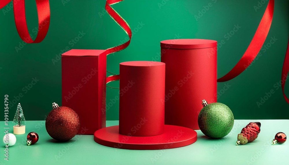 the christmas photo template features green and red cylinder podiums ...