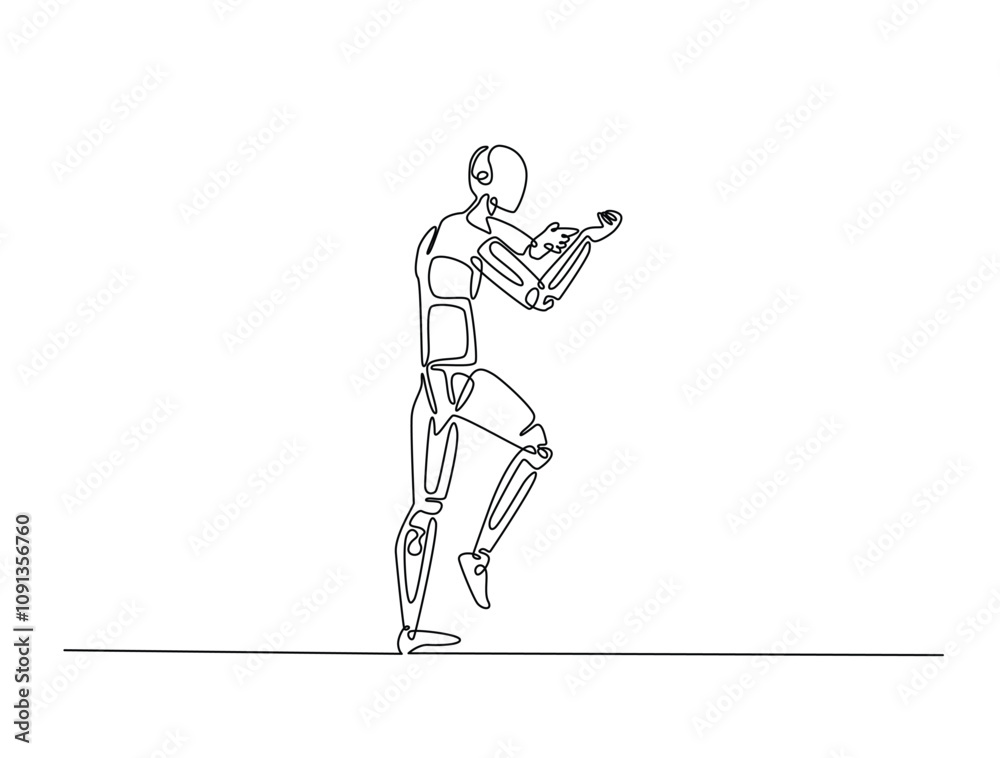 Continuous line drawing art of Humanoid robot fight pose. Cyborg in ...