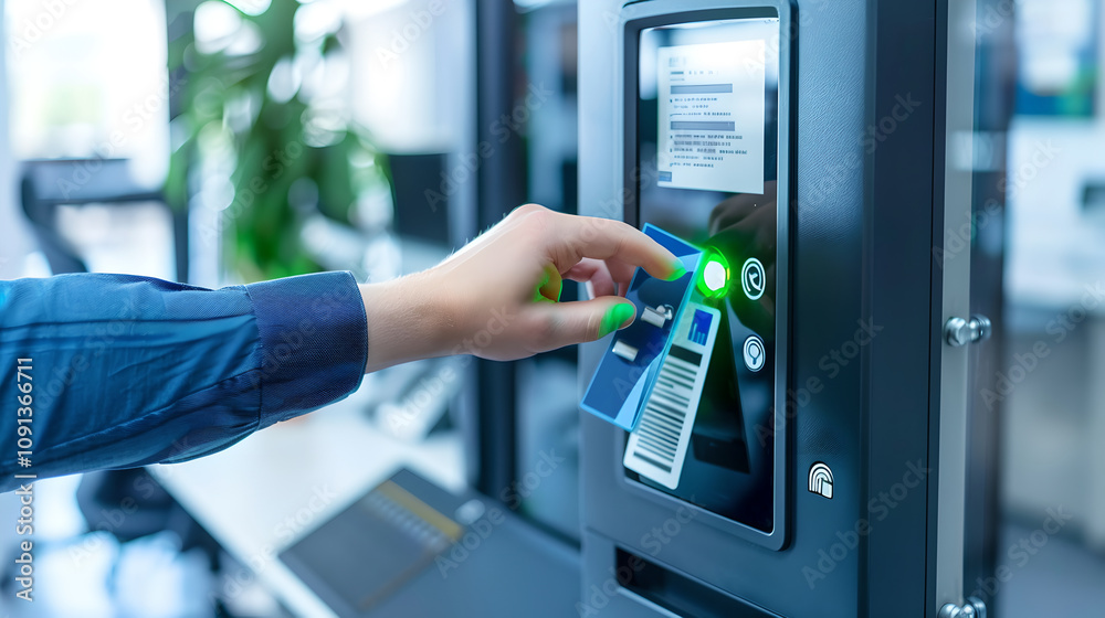 Employee scanning badge on security device for access control Stock ...