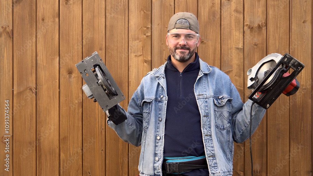 Adult man holding cordless saw. Circular saw. Construction tool ...