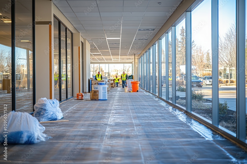 Office Building Corridor Under Construction Workers Present Stock Photo ...