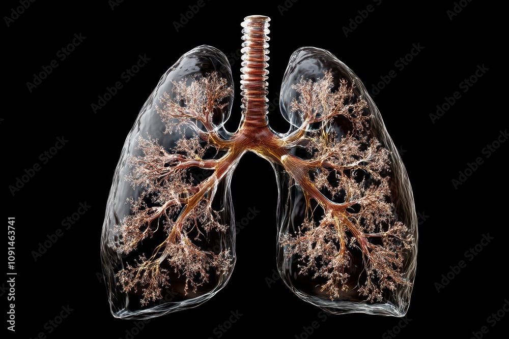 Detailed 3D model of human lungs showcasing bronchial tree and alveoli ...