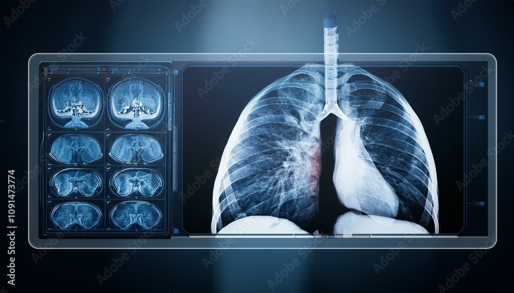Lung X-ray: A digital display showcases a detailed X-ray image of a ...