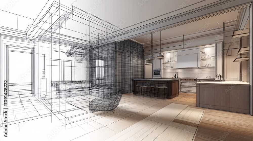 Modern kitchen and living room interior design project showing ...