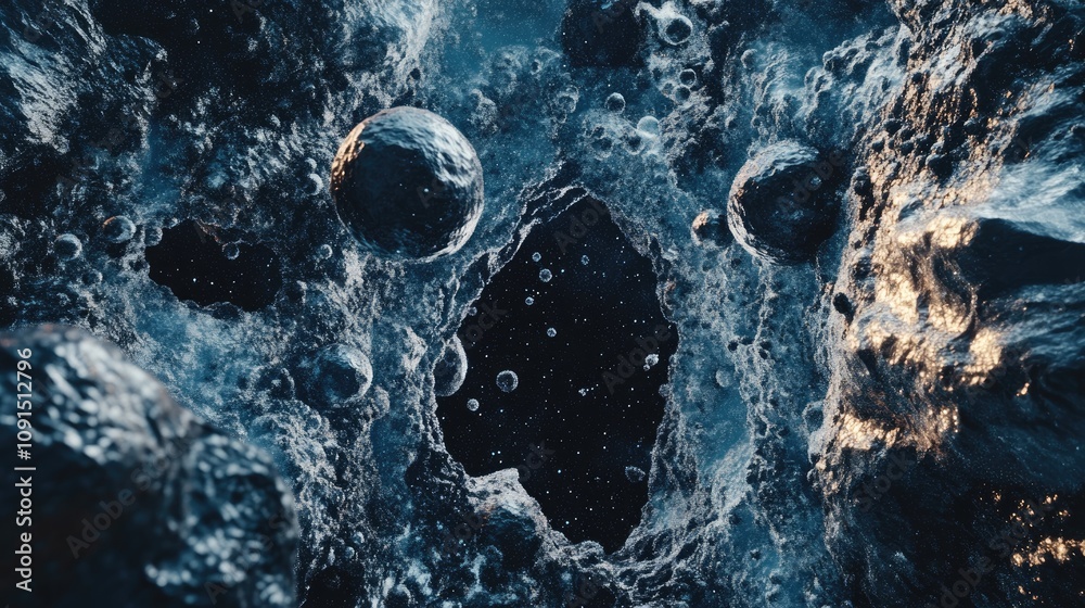 Futuristic mining operation in outer space extracting shimmering cosmic ...