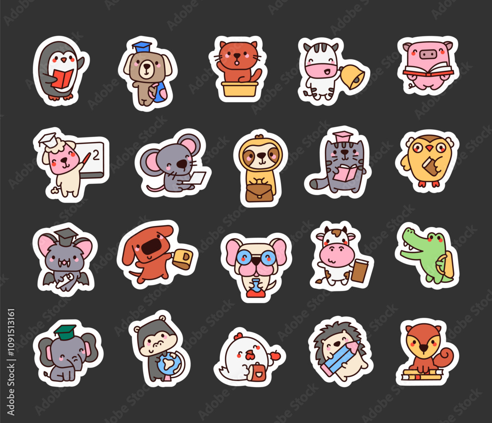 Cute kawaii school animal cartoon outline characters with educational ...