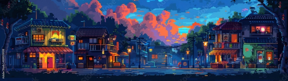 Pixel art street scene with traditional houses, glowing windows, and ...