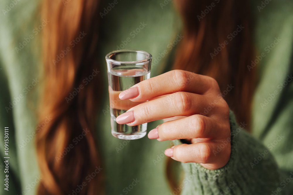 Girl holding vodka shot. Woman drinking vodka background. Autumn party ...