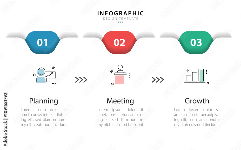 Business infographic template. 3 Step timeline journey. Process diagram, 3 options on white ...