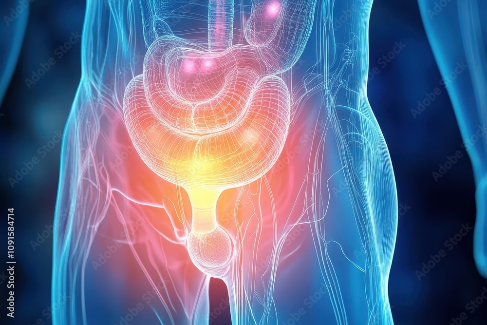 Visualization of human male reproductive system highlighting bladder ...