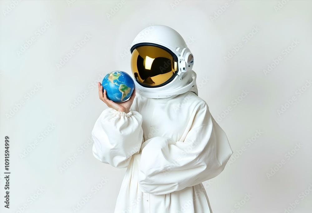 Futuristic Astronaut with Earth Model and White Space Suit with ...
