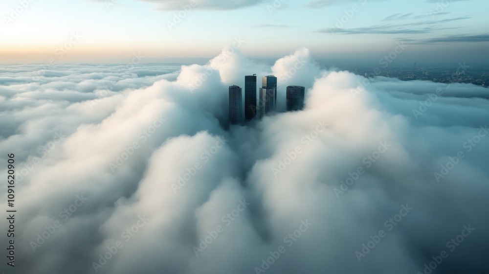 Four skyscrapers stand tall above a sea of clouds, offering an ethereal ...