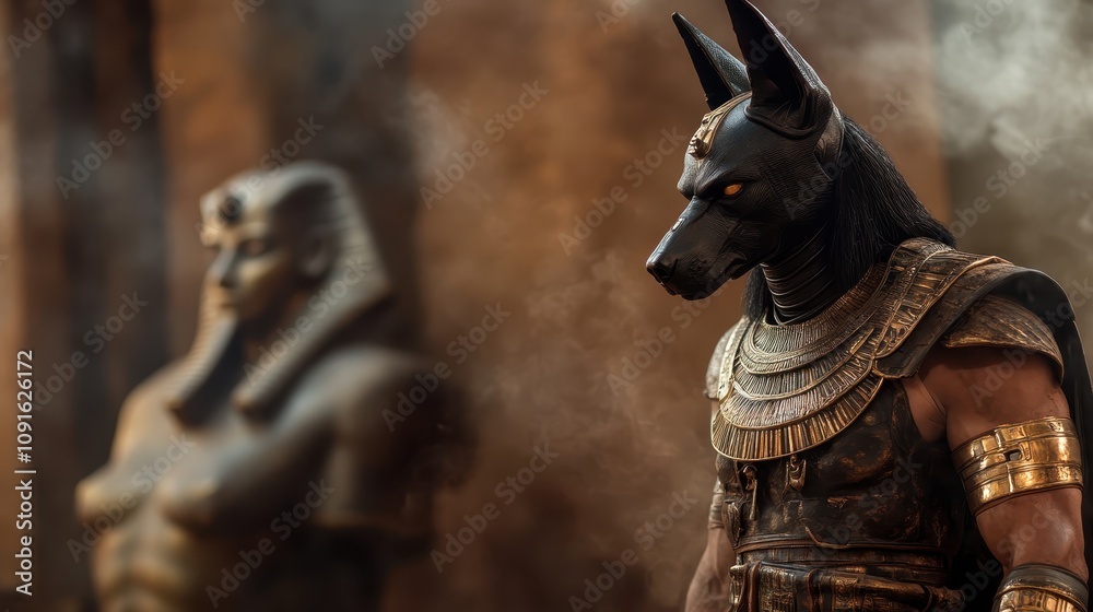 Statuesque figure of Anubis with a muscular build, adorned in ...