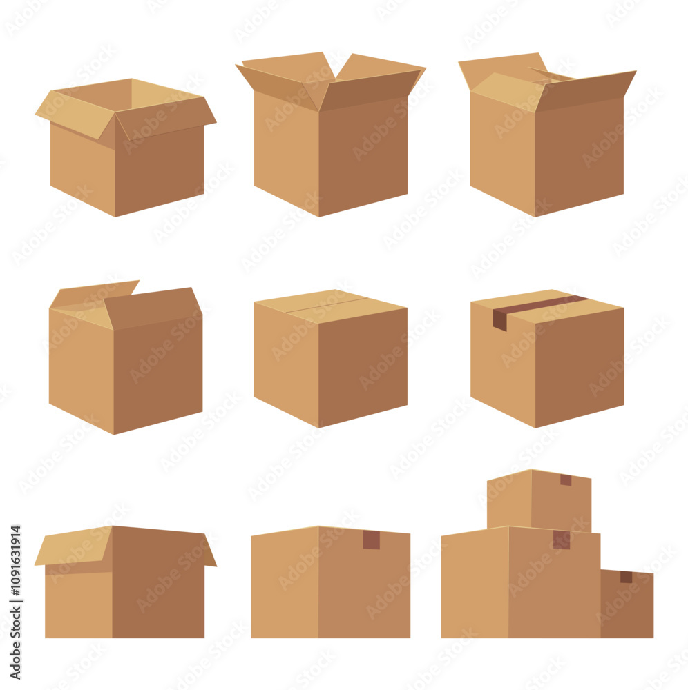 Open and closed recycle brown carton delivery packaging box. Collection ...