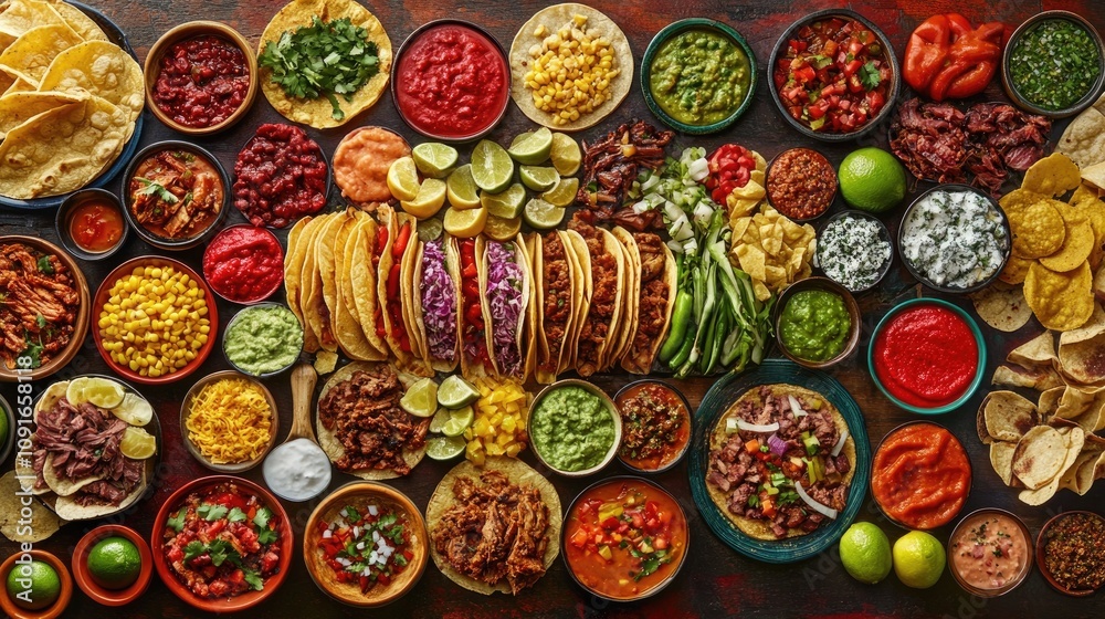Vibrant display of Mexican street tacos featuring carne asada and al ...
