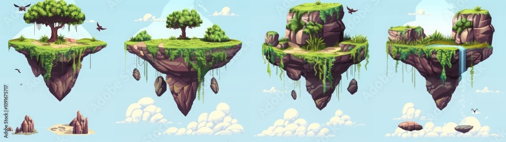 Pixel art floating islands with trees, rocks, grass, and a stone statue ...