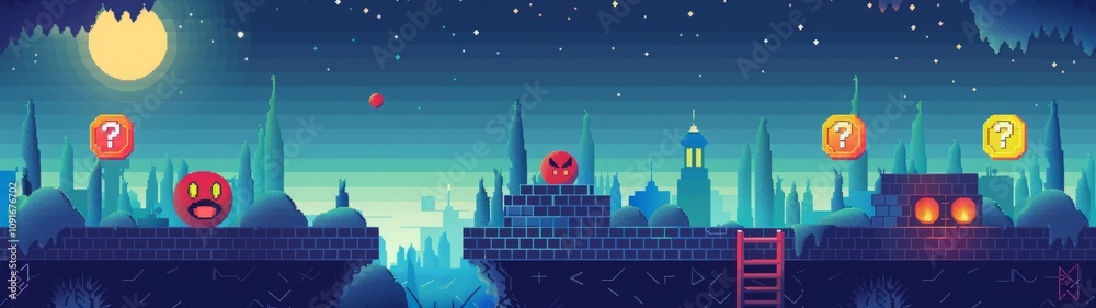 Pixel art platformer game level with question blocks, enemies, and ...