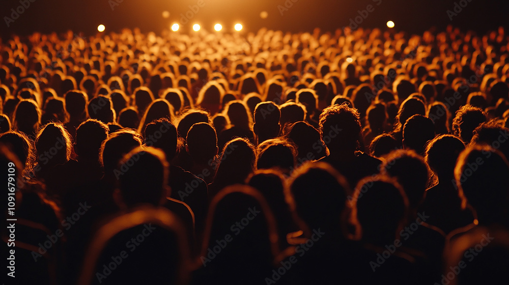 Vocalist in front of crowd on scene in stadium. Bright stage lighting ...
