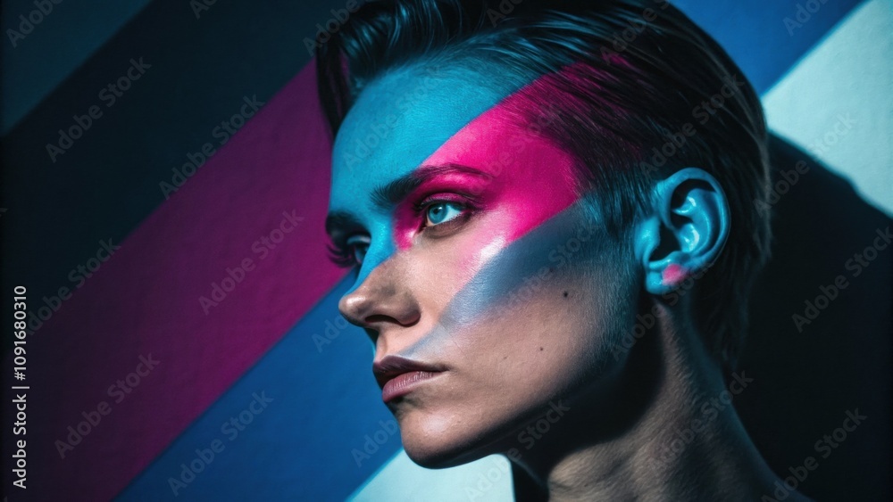 The portrait captures an individual with angular features highlighted ...