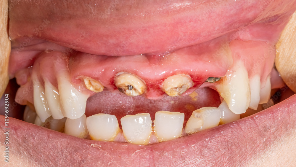 Front view of decayed incisors, roots and inflammatory bleeding gingiva ...