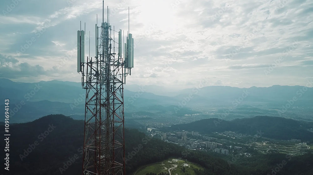 Aerial drone view of 5G telecommunication tower. GSM and radio telecommunication tower. Cell ...