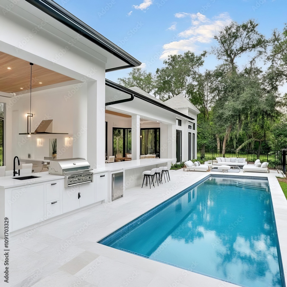 Poolside outdoor kitchen with chic white finishes and an open seating ...