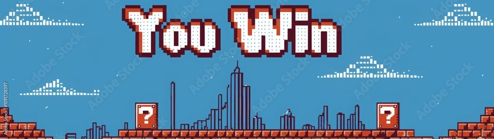 Pixel art 'You Win' screen with city skyline, brick platforms, and ...