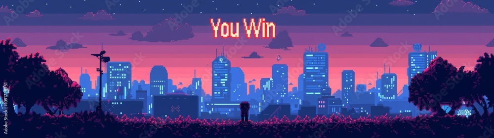 Pixel art 'You Win' screen with cityscape at twilight. Retro gaming ...