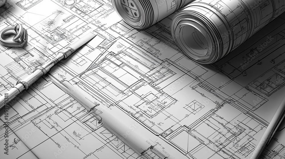 Detailed architectural blueprints with multiple building plans, rolled ...