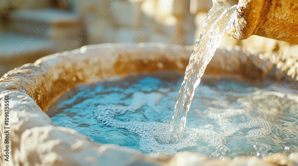 Baptismal Waters Cascading Over Stone Basin in Warm Light. Feast of the ...