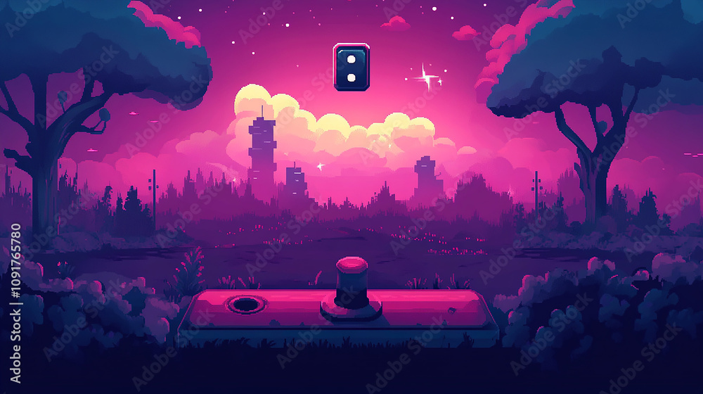 Pixel art landscape battle arena. Game background with vintage animation scene for 8 bit arcade ...
