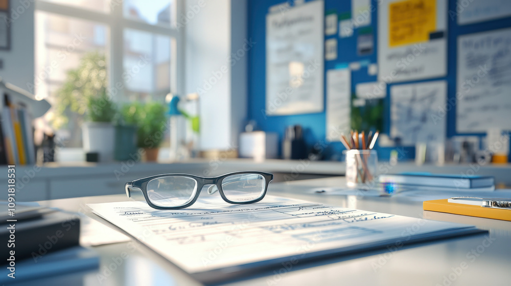 Myopia. A cozy workspace featuring glasses on a desk surrounded by ...