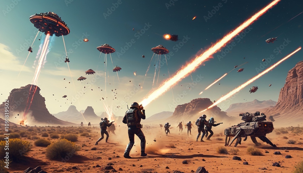 Illustrazione stock di Space invaders firing futuristic weapons at a ...
