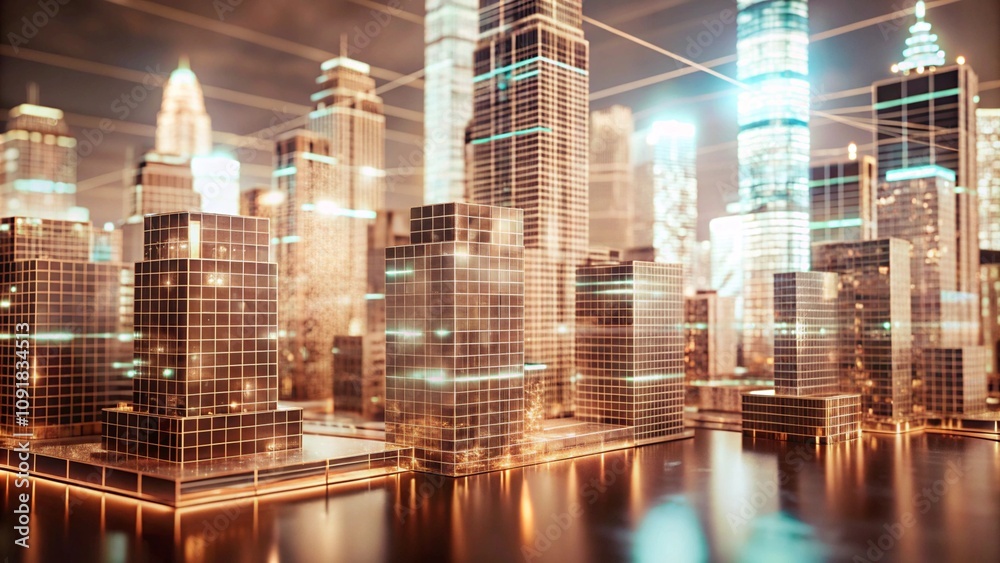 3D city skyline wireframe with glowing blue hologram buildings, set ...