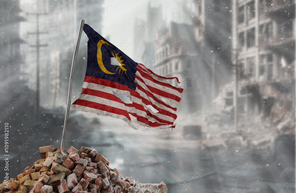 Dirty and torn Malaysia flag, symbol of resistance and victory. A scene ...
