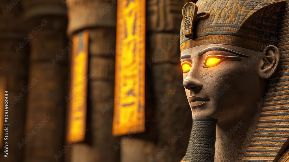 Exquisite Egyptian statue with glowing eyes in ancient temple setting ...
