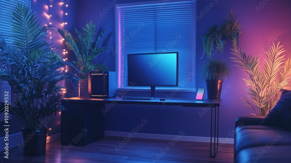 Stylish Neon-Lit Modern Home Office Workspace, Low-light Dim Room Scene ...