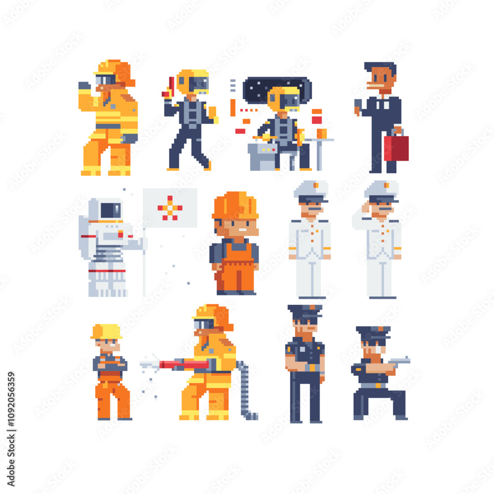 Different male profession set pixel art 80's style. Men characters ...