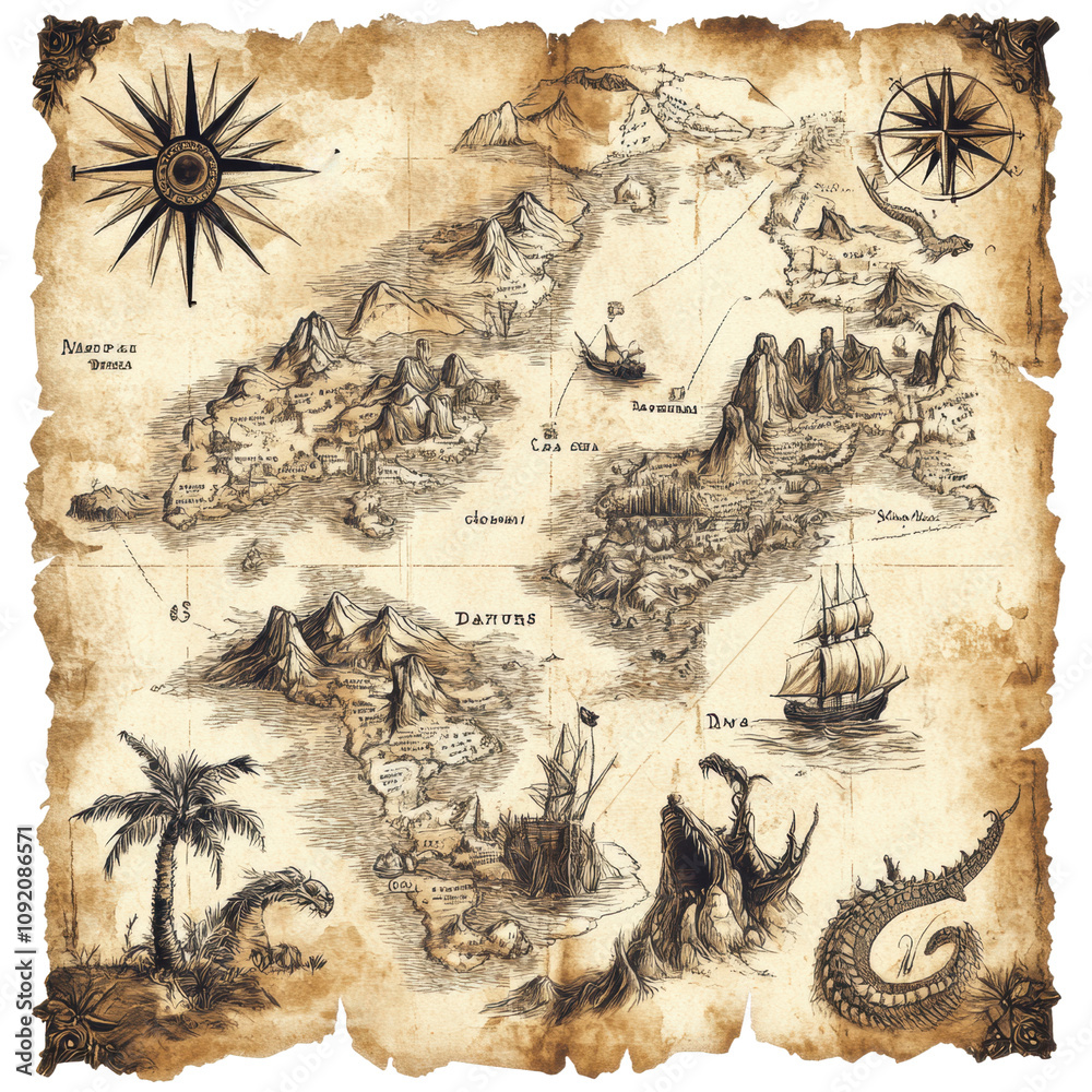 Vintage Treasure Map Old Texture l Pirate Map Torn Paper Design ...
