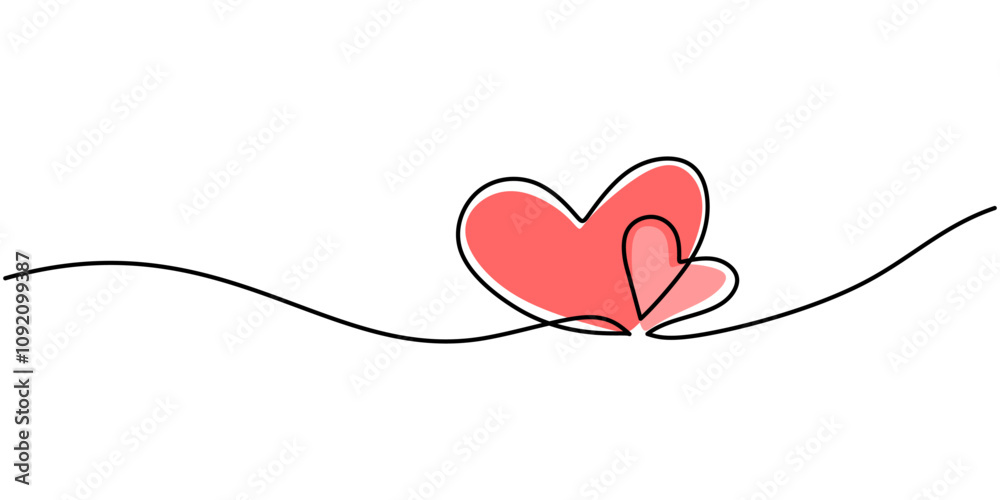 Two hearts connected in continuous one line drawing. Symbolizing love ...
