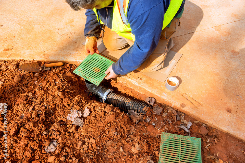 Construction worker wearing safety vest is installing drainage grates ...