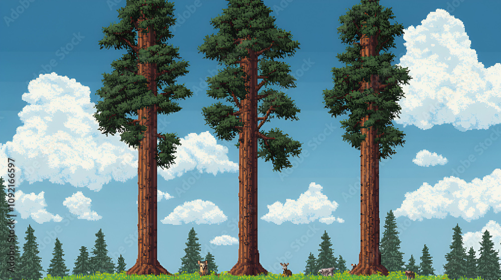 8-bit pixel art game level background featuring three tall trees, blue ...