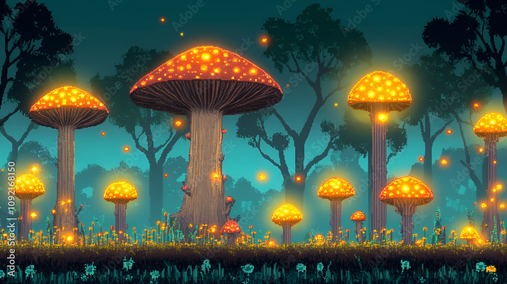 8-bit pixel art video game background featuring fireflies in an ...