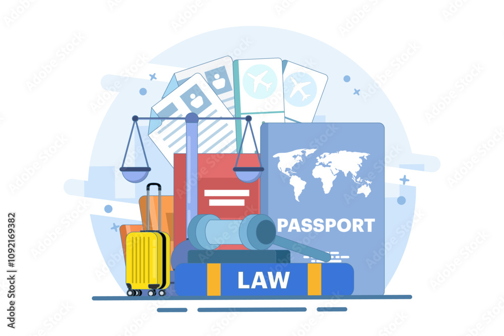 Immigration law concept. Law book with passport, visa, suitcase, scales ...