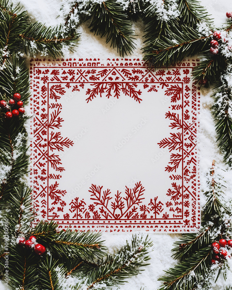 Nordic-inspired Christmas card template with intricate embroidery ...