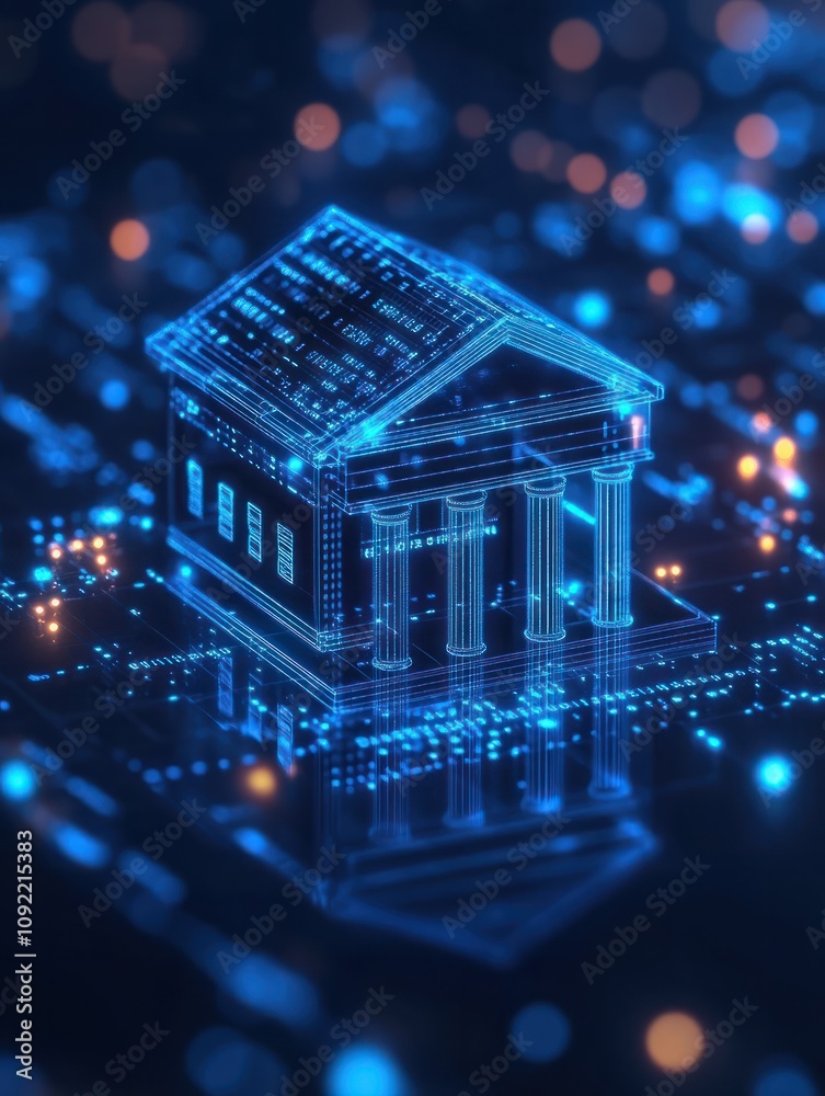 Glowing blue digital bank icon on blue backdrop with mock up place ...